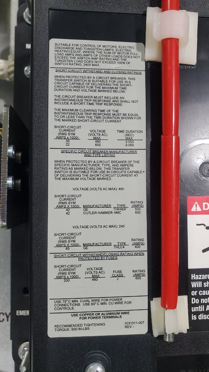 400 Amp. Kohler #RXT-JFNC-0400ASE, automatic transfer switch, 240 Volts ...