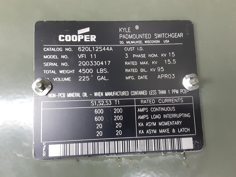 600 Amp. Cooper, 15.5kV, Rated BIL KV 95, VFI 11, 2003 for Sale ...