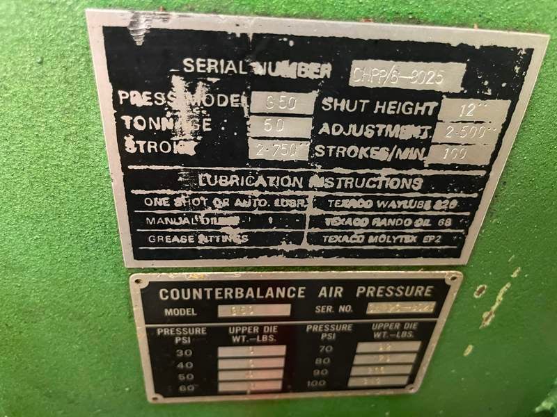 50 Ton, Benchmaster #G50, gap frame press, 2-3/4" stroke, 12" Shut ...