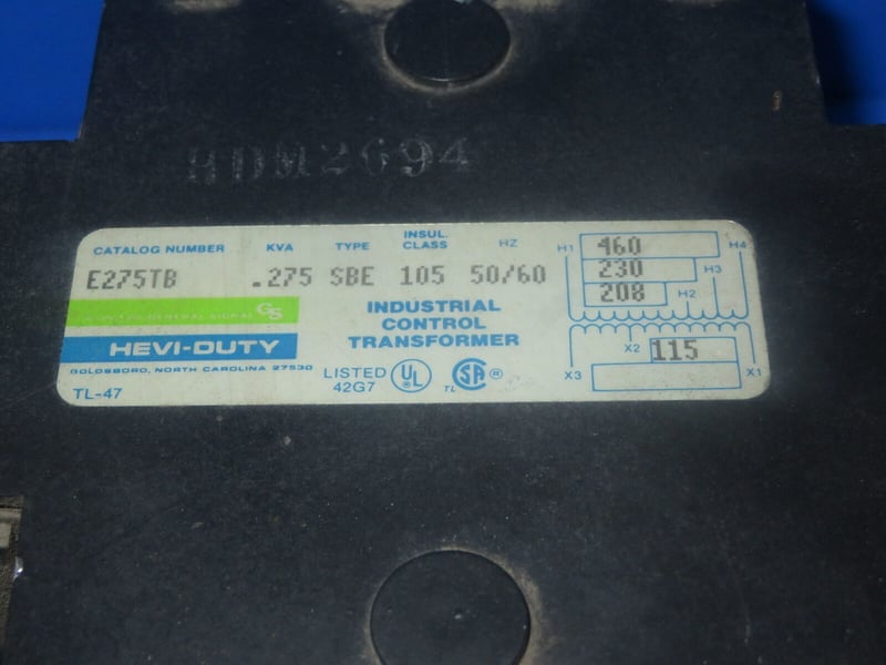 275 VA, Hevi-Duty E275TB type SBE class 105, control transfor, 1 Year ...