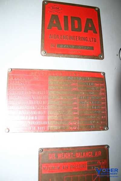 110 Ton, Aida #PC-10, gap frame press, 6.6" stroke, air clutch & brake ...