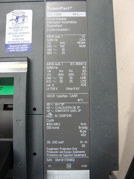 1200 Amps, Square D breaker, PJ 1200 PJ A36120U64AE1, new for Sale ...