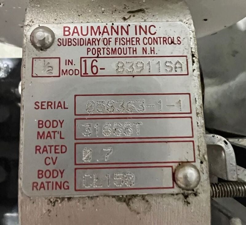 1/2" Baumann Inc. #16-83911SA, Sanitary Control Valve w/ Valve ...