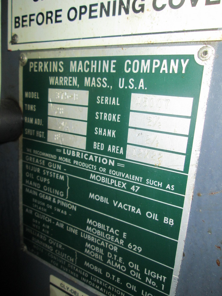 28 Ton, Perkins #375-B, stamping press, 2.5" stroke, air clutch & brake ...