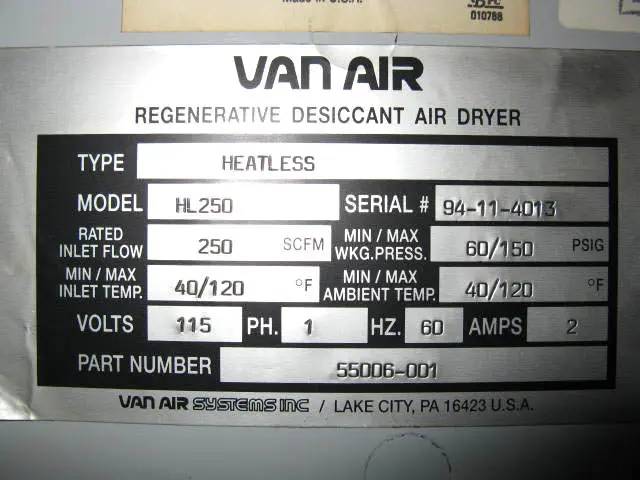 250 scfm, Van Air Inc. #HL-250, Heatless Regenerative Compressed Air ...