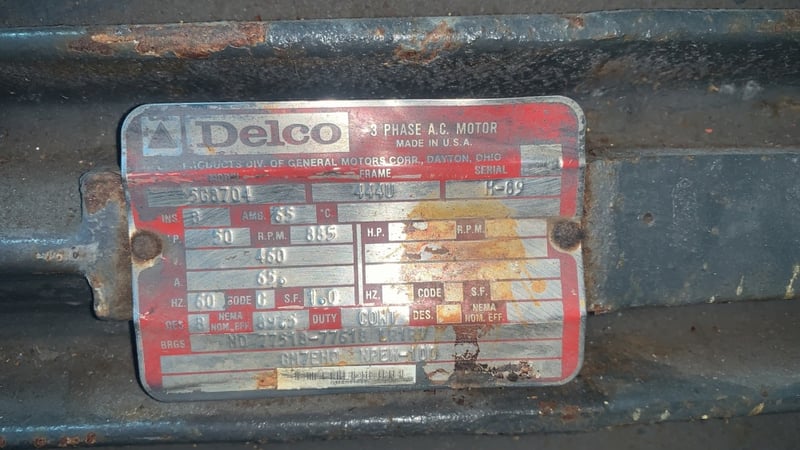 50 HP 885 RPM Delco, Frame 444U, TEFC, 1.0 service factor, 460 Volts ...