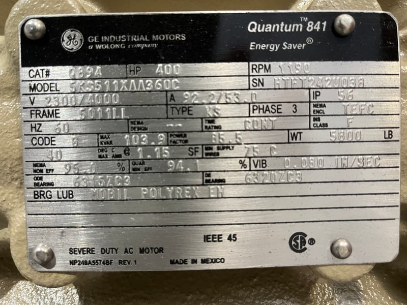 400 HP 1200 RPM General Electric, Frame 5010/11LL, TEFC, Ball, IEEE 841 ...