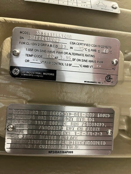 350 HP 3600 RPM General Electric, Frame 5010/11LS, TEFC, Ball, IEEE 841 ...