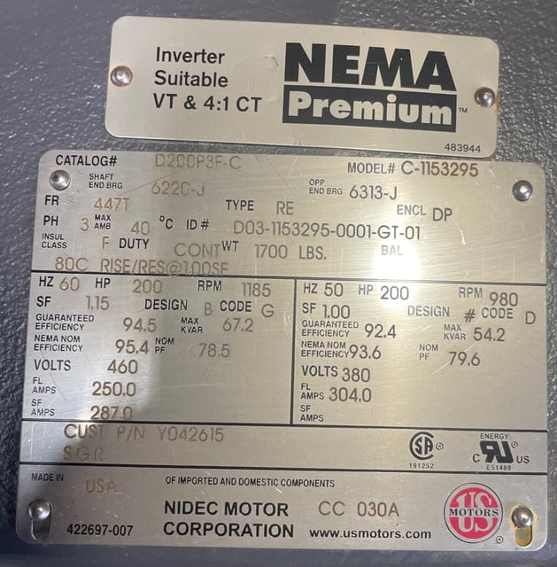 200 HP 1200 RPM U.S. Motors, Frame 447T, Drip-Proof Ball Bearing, 460 ...