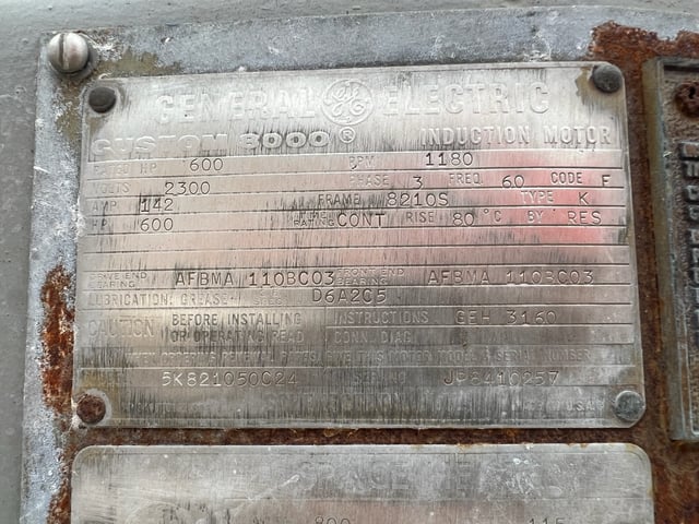 600 HP 1200 RPM General Electric, Frame 8210S, Drip-Proof Ball Bearing ...