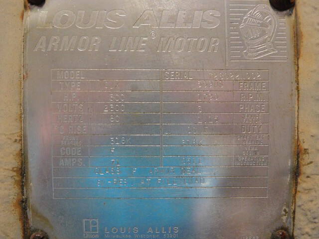300 HP 1790 RPM Louis Allis, Frame 509US, 2300 Volts, 1.15 S.F., 3 ...