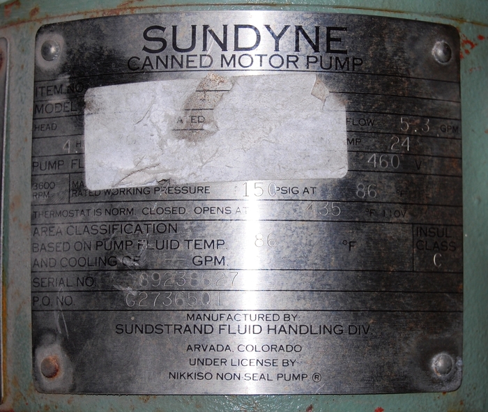 5 GPM @ 8' TDH, Sundstrand #H22B-A3CH-01A1, Can Pump w/Motor, 2" x 1 ...