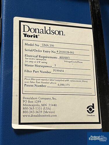 250 cfm Donaldson #UMA -250, Dust Collector, 243 sq.ft., 5 HP, 460 V, 3 ...