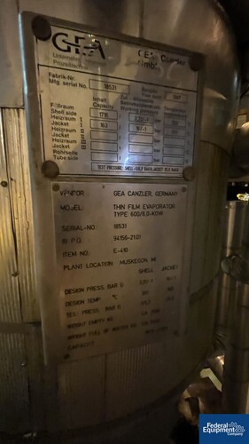 67 sq.ft. GEA Canzler Thin Film Evaporator, 904L Stainless Steel, 3.2 ...