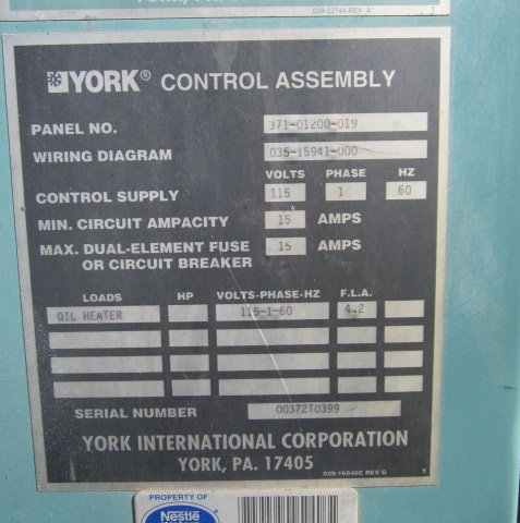 250 Ton, York #YSCACAs2-CJD, Liquid Screw Chiller, R22, 150/300 PSI, 218 HP, 3600 RPM, 460 V ...