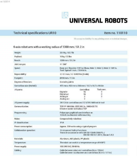Universal Robots, UR-10/CB3 Cobot, 10 Kg payload, 1300mm radius, teach ...