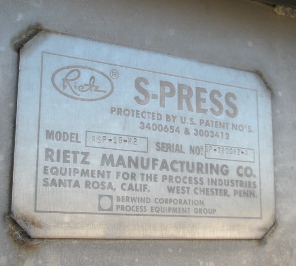 Rietz #RSP 16-K2, Continuous Horizontal Screw Press, frame only, 25/7.5 ...