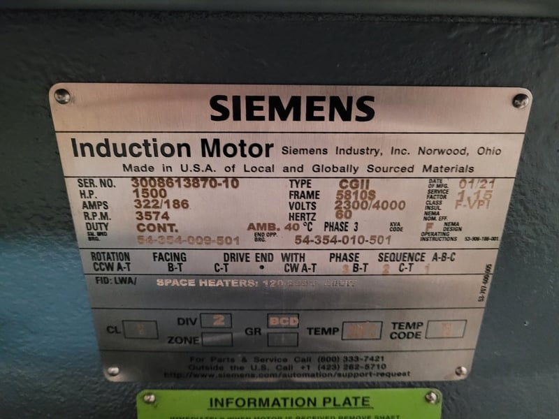 1500 HP 3600 RPM Siemens, Frame 5810S, weather protected enclosure type ...