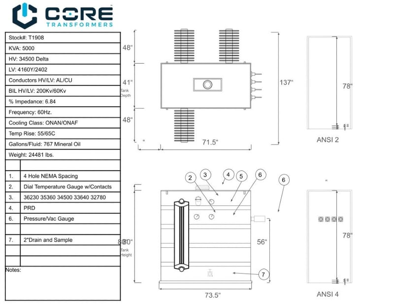 5000 KVA 34500 Delta Primary, 4160Y/2400 Secondary, Sub, Recon ...