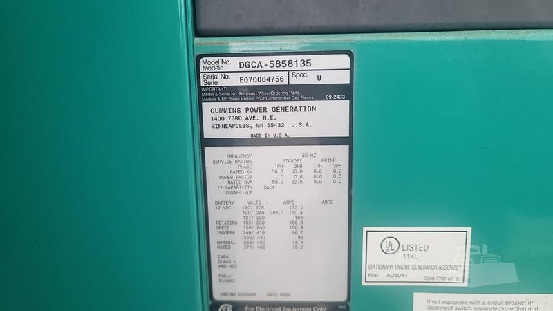 50 KW Cummins #4BT3.9, 3-phase, 441 hours, enclosure fuel base tank ...