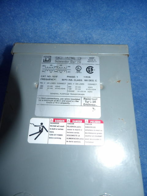 1 KVA 240/480 Primary, 120/240 Secondary, Square D 1S1F, dry type ...