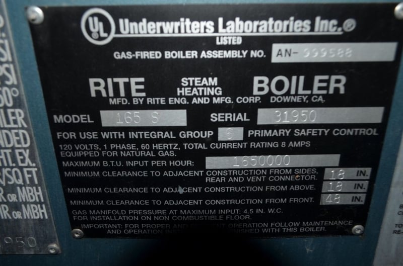 1590 PPH Rite Brand #165S, atmospheric low pressure 15 psi steam boiler ...