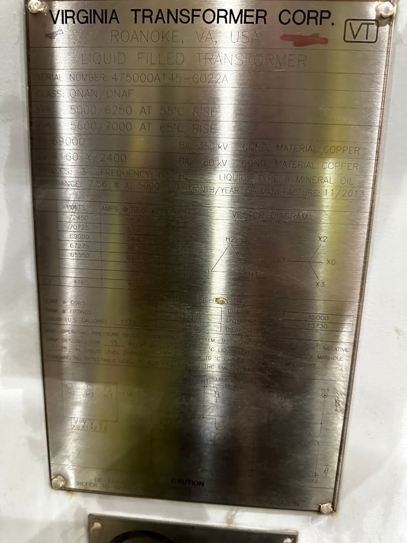 5000/5600/6250/7000 KVA 69000 Delta Primary, 4160Y/2400 Secondary ...