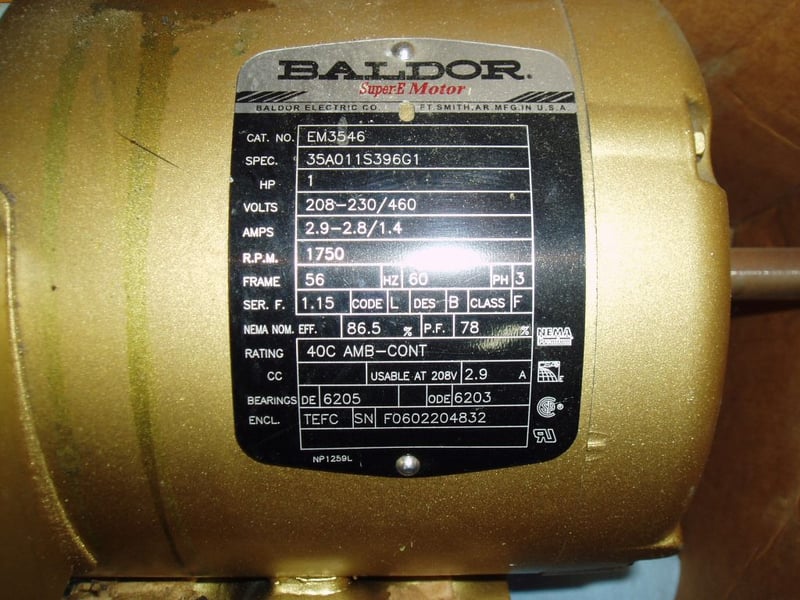 1 HP 1750 RPM Baldor, Frame 56C, TEFC, 208-230/460 Volts (2 available ...