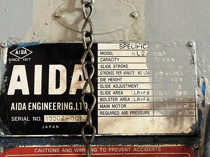 200 Ton, Aida #NL2-200, straight side double crank, 8" stroke, 18.7 ...