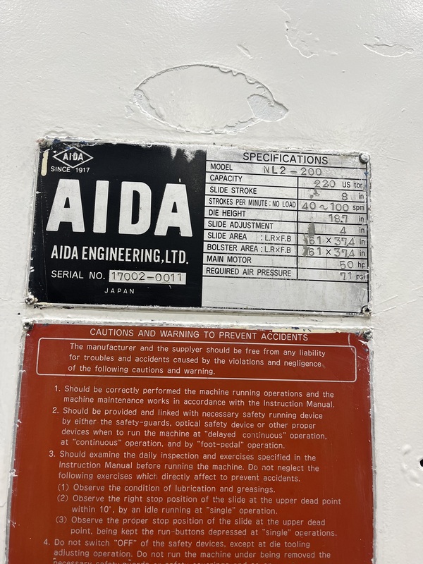 200 Ton, Aida #NL2-200, straight side double crank, 8" stroke, 18.7 ...