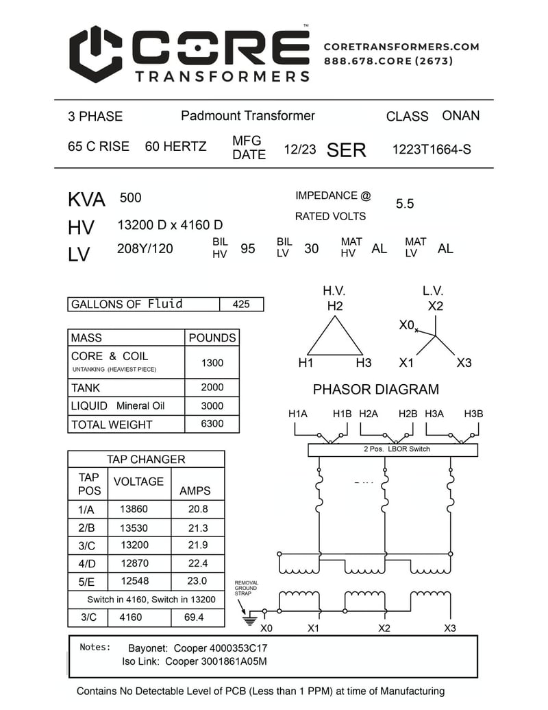 500 KVA 4160 Delta Primary, 13200-208Y/120 Secondary, Core Transformer Pad, proCORE (Immediate ...
