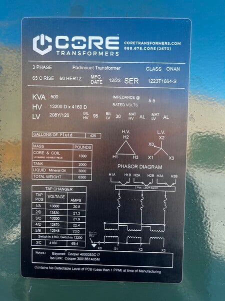 500 KVA 4160 Delta Primary, 13200-208Y/120 Secondary, Core Transformer ...
