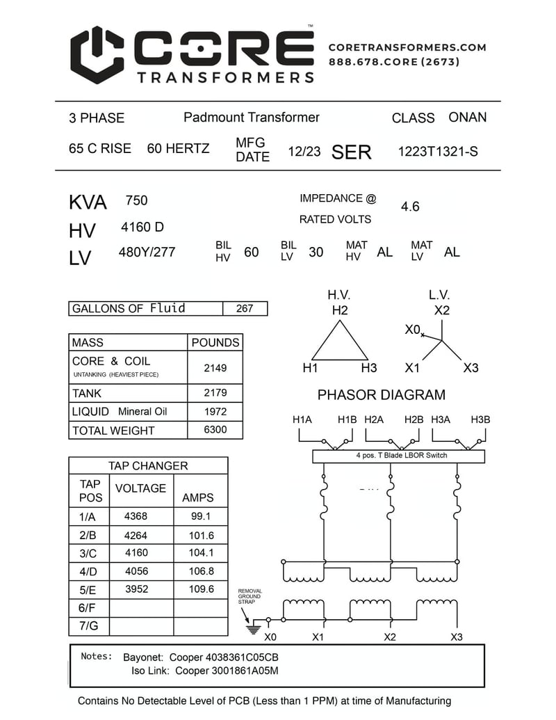 750 KVA 4160 Delta Primary, 480Y/277 Secondary, Core Transformer Core ...