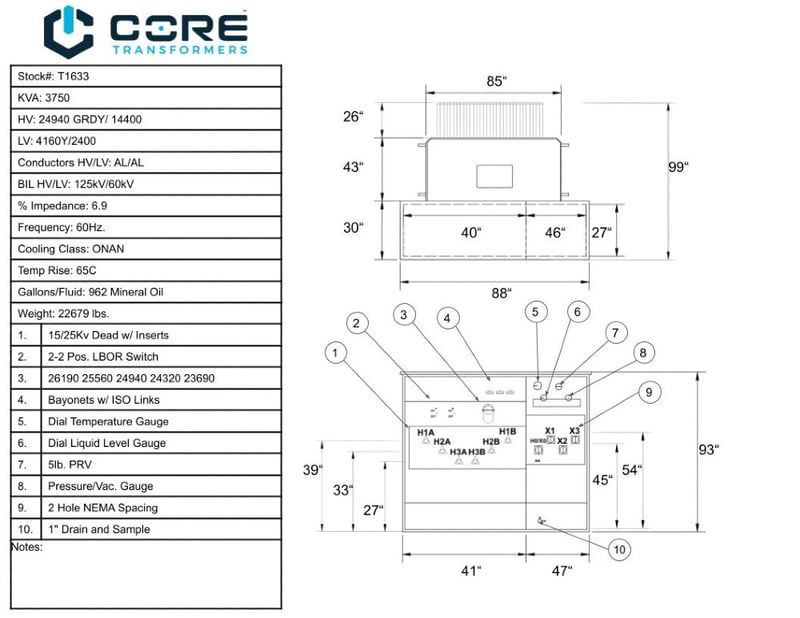 3750 KVA 24940 GrdY/14400 Primary, 4160Y/2400 Secondary, Core ...