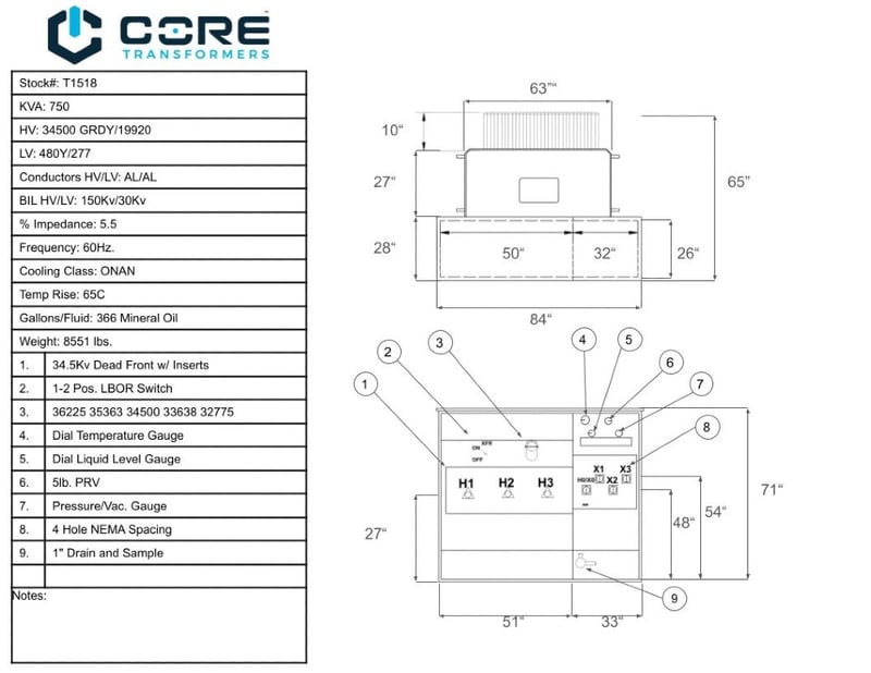 750 KVA 34500GrdY/19920 Primary, 480Y/277 Secondary, Core Transformer ...
