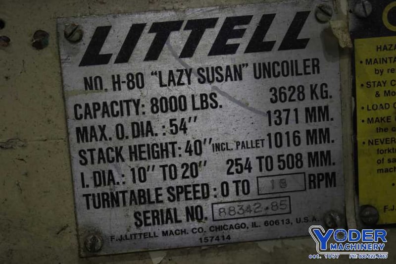 8000 lb. Littell #H-80-Lazy-Susan, pallet type coil reel, 54" outside ...