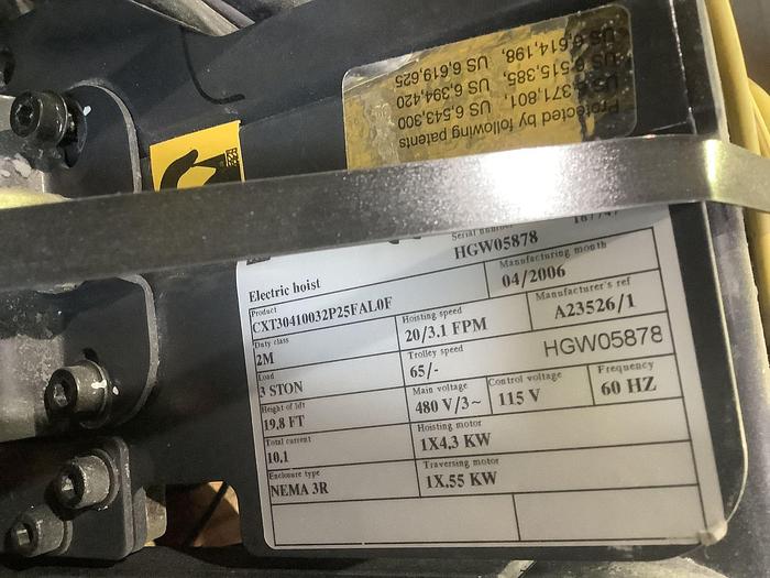 3 Ton, Konecranes #CXT-300, electric trolley hoist, 19.8' lift height ...