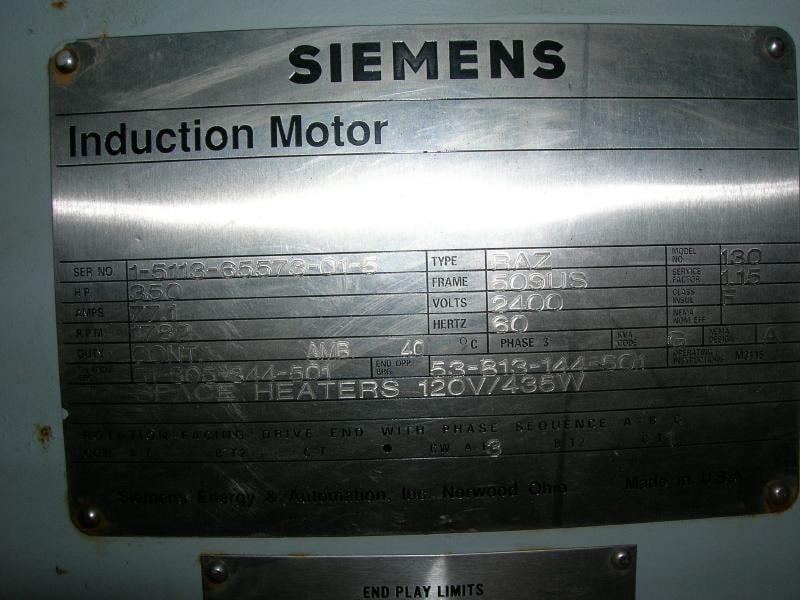 350 HP 1770 RPM Siemens, Frame 509US, TEFC, surplus, 2300 Volts For ...