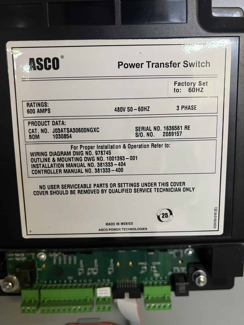 600 Amp. Asco #300-Series, automatic transfer switch, 480 Volts, 3 ...