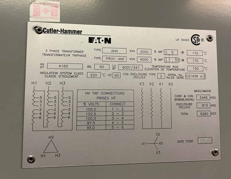 3000 KVA 4160 Primary, 600Y/347 Secondary, Eaton Cutler Hammer, Dry ...