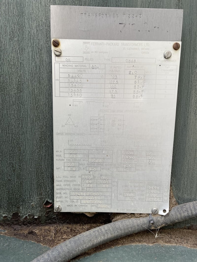 2000 KVA 13800 Primary, 600Y/347 Secondary, Ferranti Packard, Oil ...