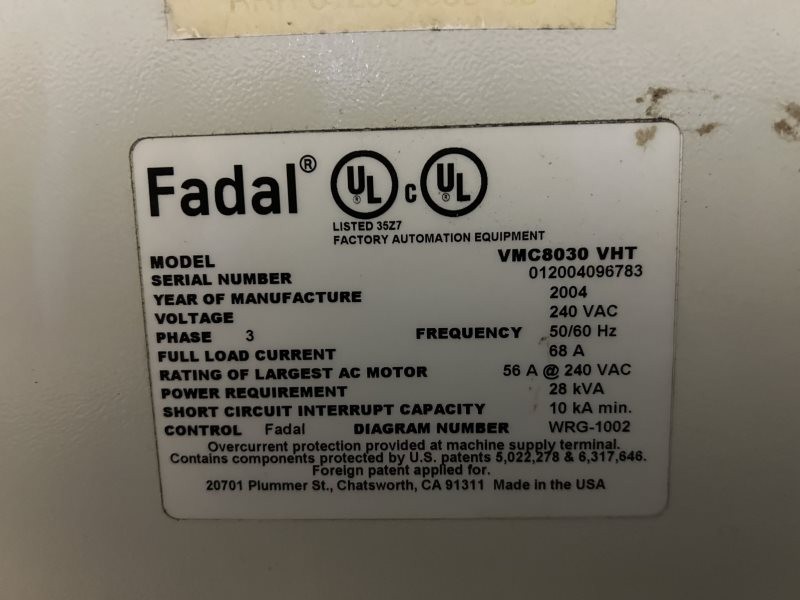 Fadal #VMC8030VHT, CNC vertical machining center, 21 automatic tool changer, 80" X, 30" Y, 10000 ...