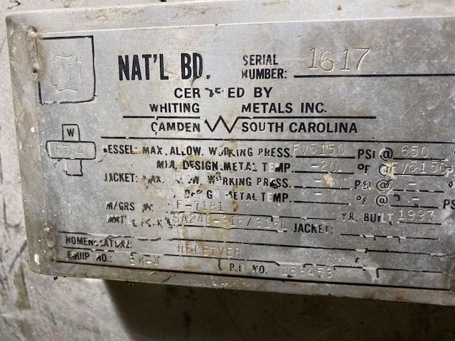 2000 gallon Whiting Metals, 316 Stainless Steel horizontal pressure ...