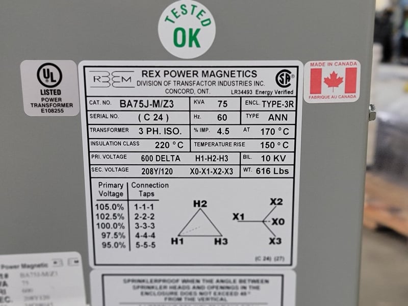 75 KVA 600 Primary, 208Y/120 Secondary, Rex Power Magnetics, isolation ...