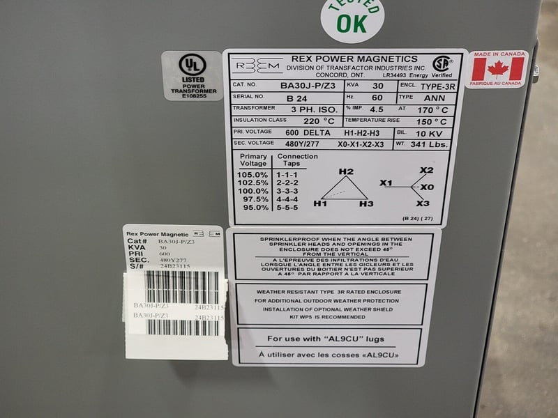 30 KVA 600 Primary, 480Y Secondary, Rex Power Magnetics, isolation ...