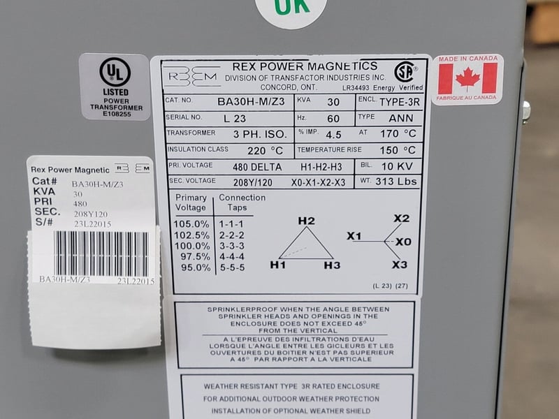 30 KVA 480 Primary, 208Y/120 Secondary, Rex Power Magnetics, isolation ...