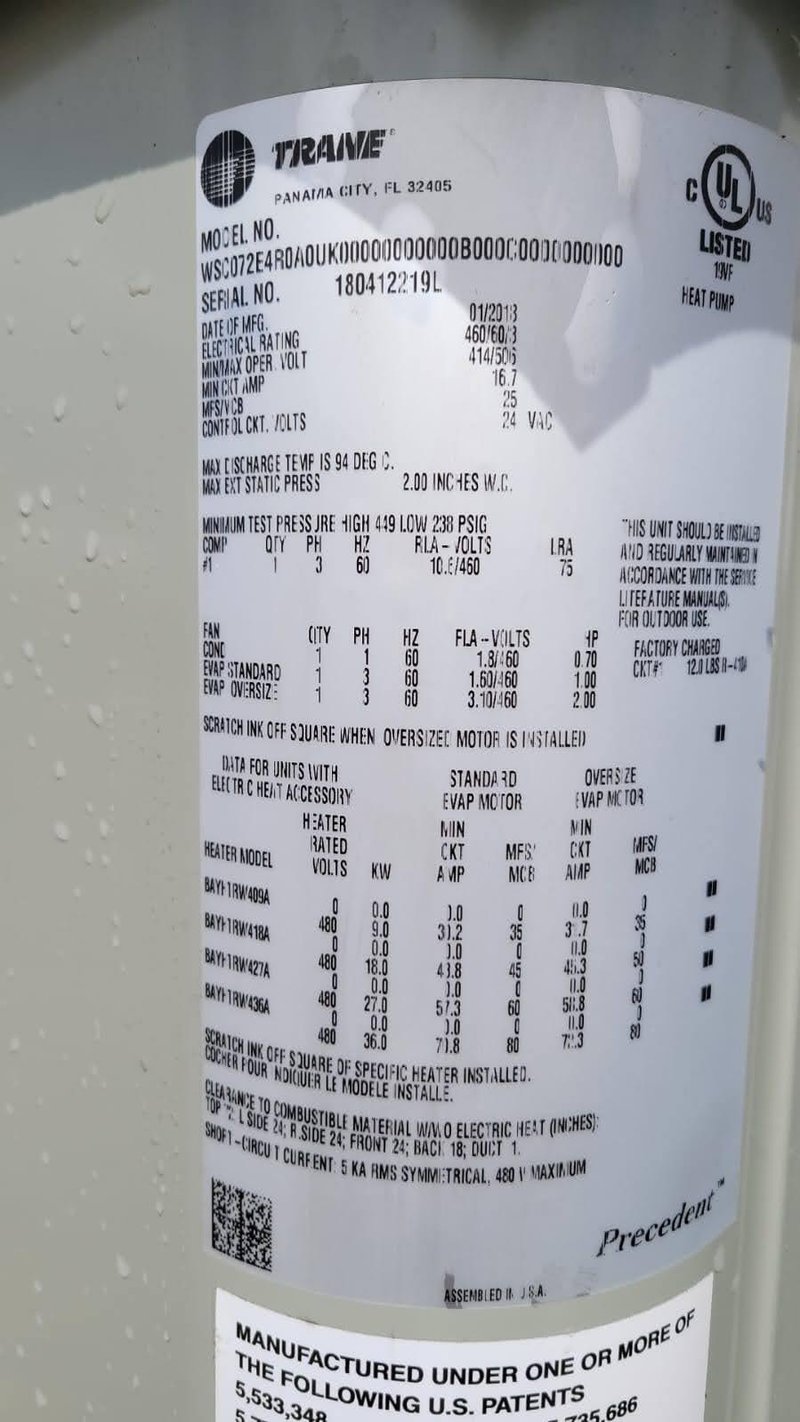 6 Ton, Trane Precedent #WSC072, heat pump package unit, horizontal or ...