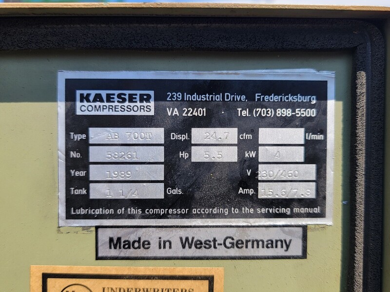 24 cfm, Kaeser, 5 hp Rotary Screw Oil-Free Air Compressor w/ Air Dryer ...