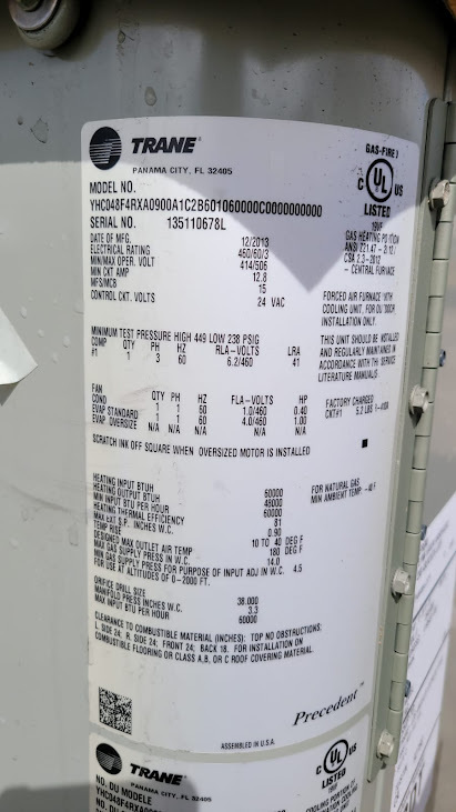 3 Ton, Trane Precedent #YHC048F4RXA0900A1C2B6010660000C0000, package ...