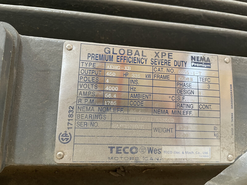 450 HP 1800 RPM Teco Westinghouse Westinghouse, Frame 5808B, TEFC, B/B ...
